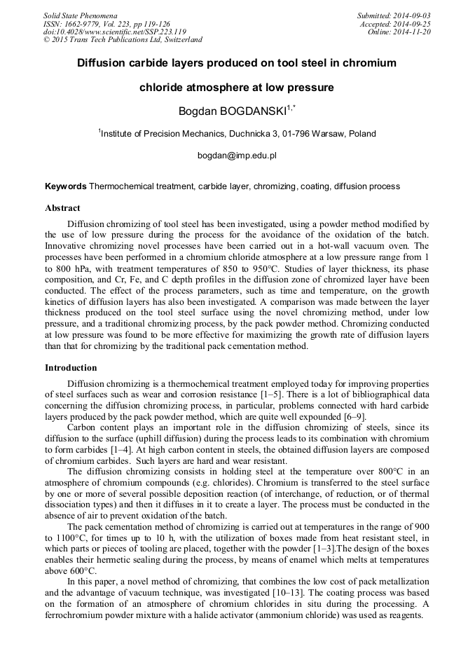Diffusion Carbide Layers Produced on Tool Steel in Chromium Chloride ...