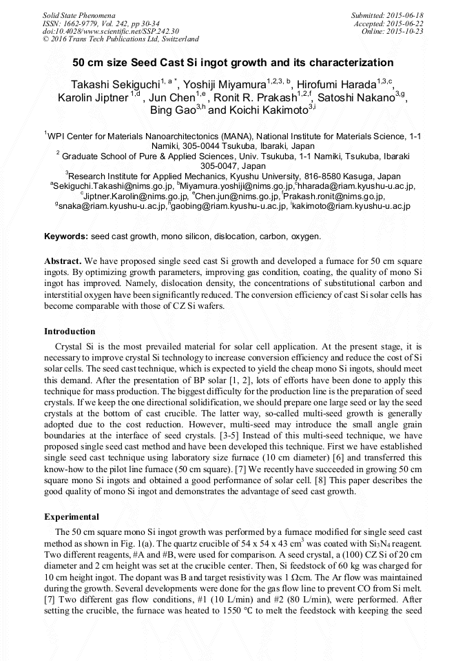 50 cm Size Seed Cast Si Ingot Growth and its Characterization ...