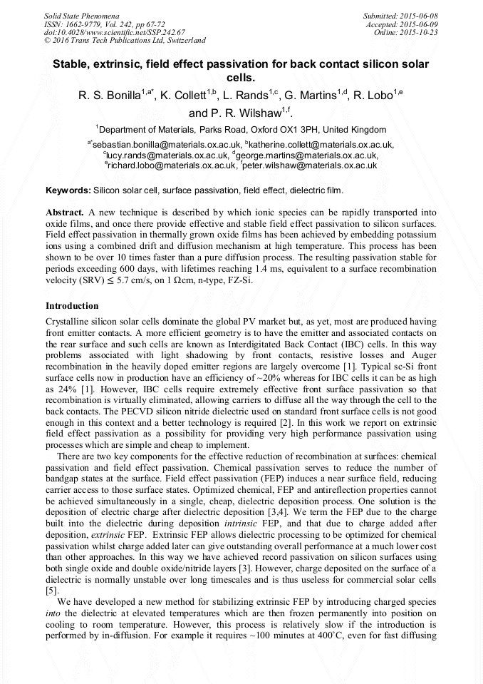 Stable, Extrinsic, Field Effect Passivation for Back Contact Silicon ...