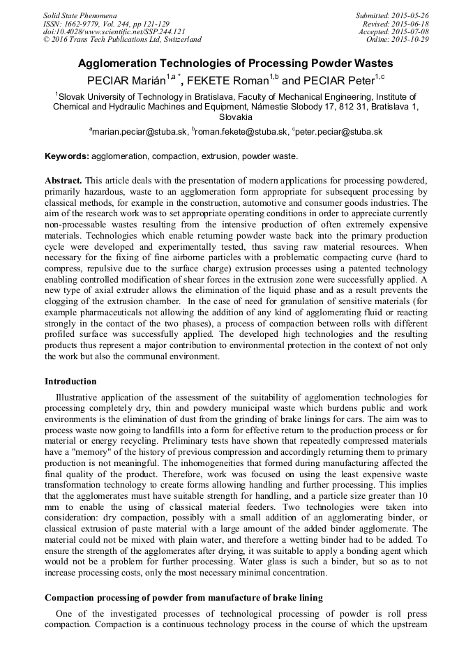 Agglomeration Technologies of Processing Powder Wastes | Scientific.Net