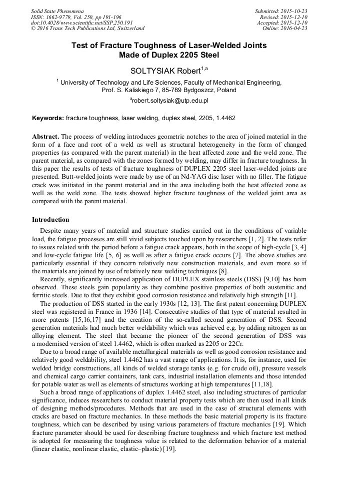 Tests of Fracture Toughness of Laser-Welded Joints Made of Duplex 2205 ...