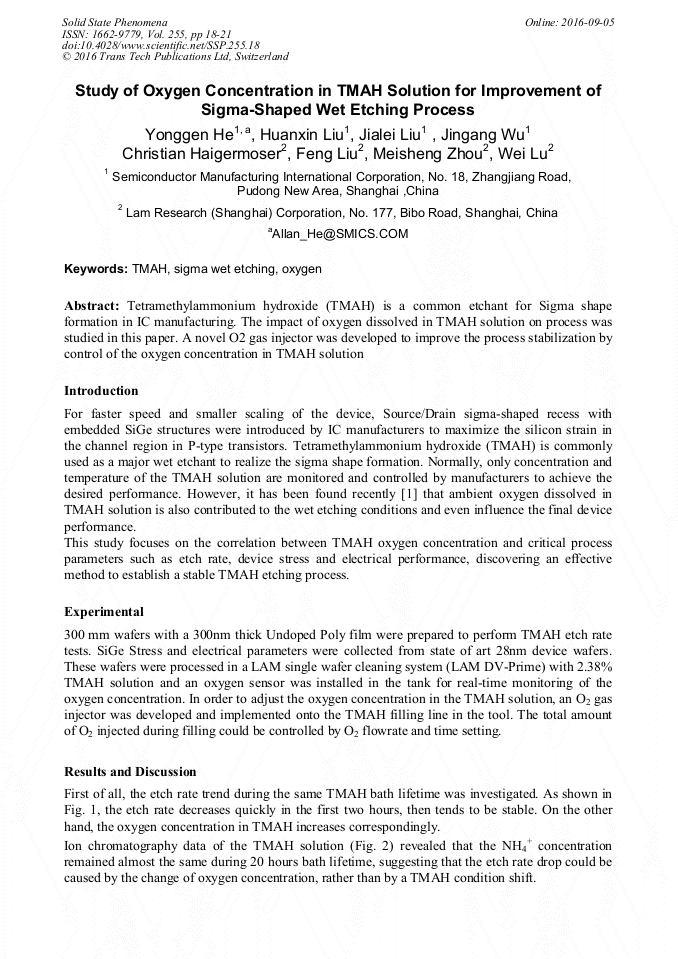 Study of Oxygen Concentration in TMAH Solution for Improvement of Sigma ...