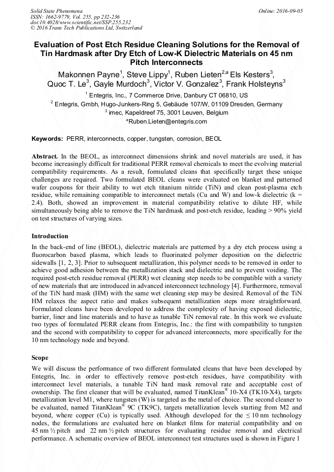 Evaluation of Post Etch Residue Cleaning Solutions for the Removal of ...