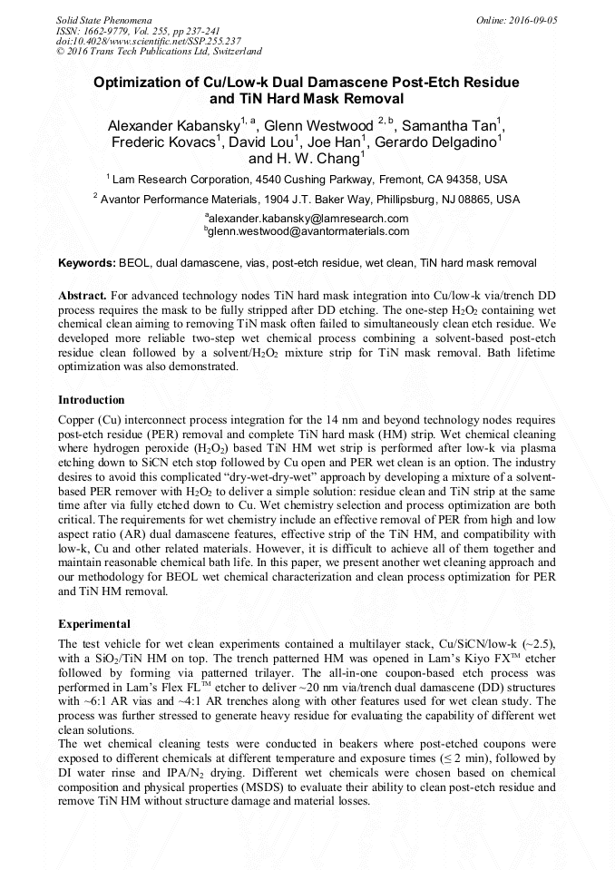 Optimization of Cu/Low-k Dual Damascene Post-Etch Residue and TiN Hard ...