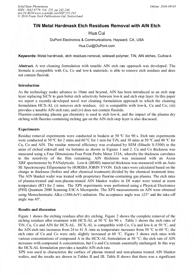 TiN Metal Hardmask Etch Residues Removal with AlN Etch | Scientific.Net