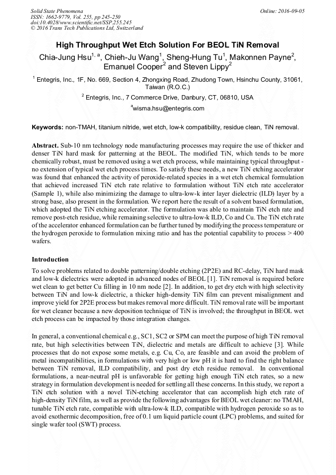 High Throughput Wet Etch Solution for BEOL TiN Removal | Scientific.Net