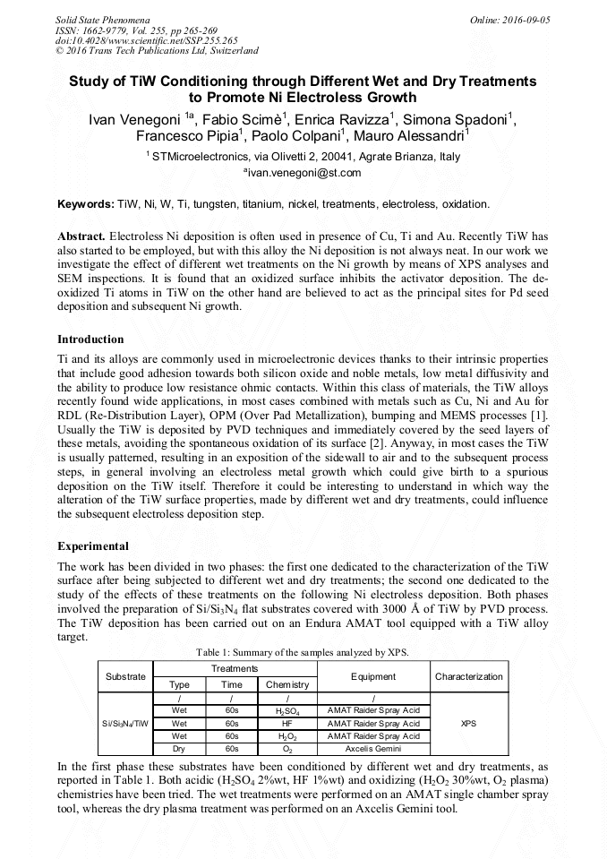Study of TiW Conditioning through Different Wet and Dry Treatments to ...