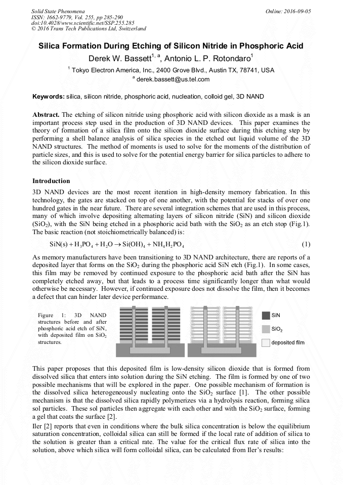 Silica Formation during Etching of Silicon Nitride in Phosphoric Acid ...