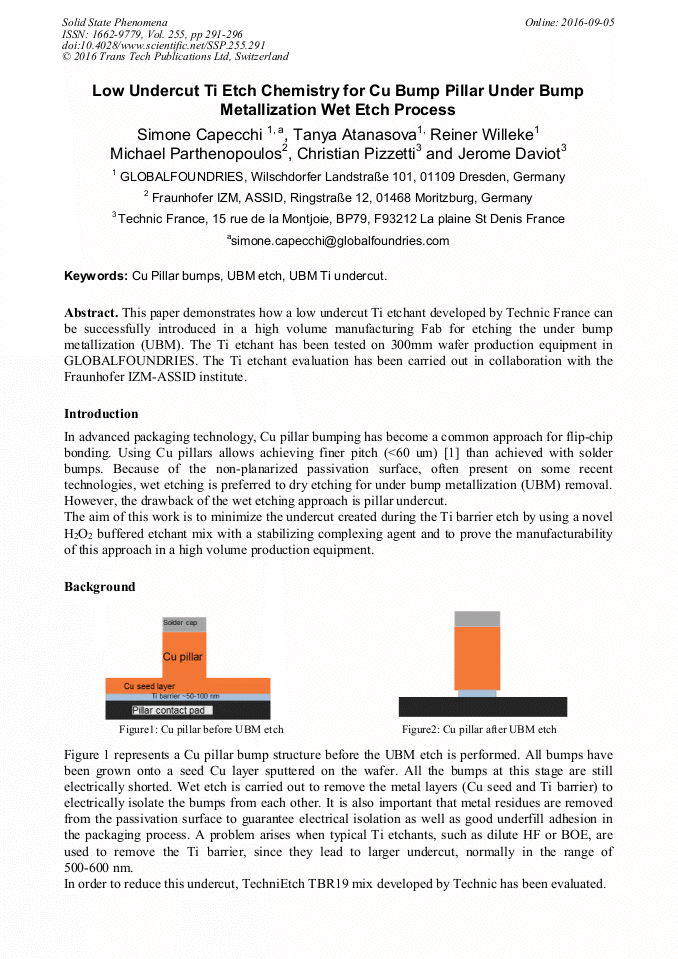 Low Undercut Ti Etch Chemistry for Cu Bump Pillar under Bump ...