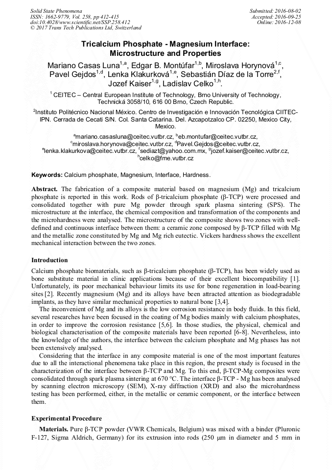 Tricalcium Phosphate - Magnesium Interface: Microstructure and ...