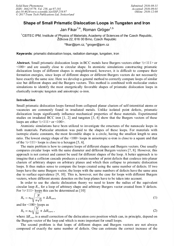 Shape of Small Prismatic Dislocation Loops in Tungsten and Iron ...