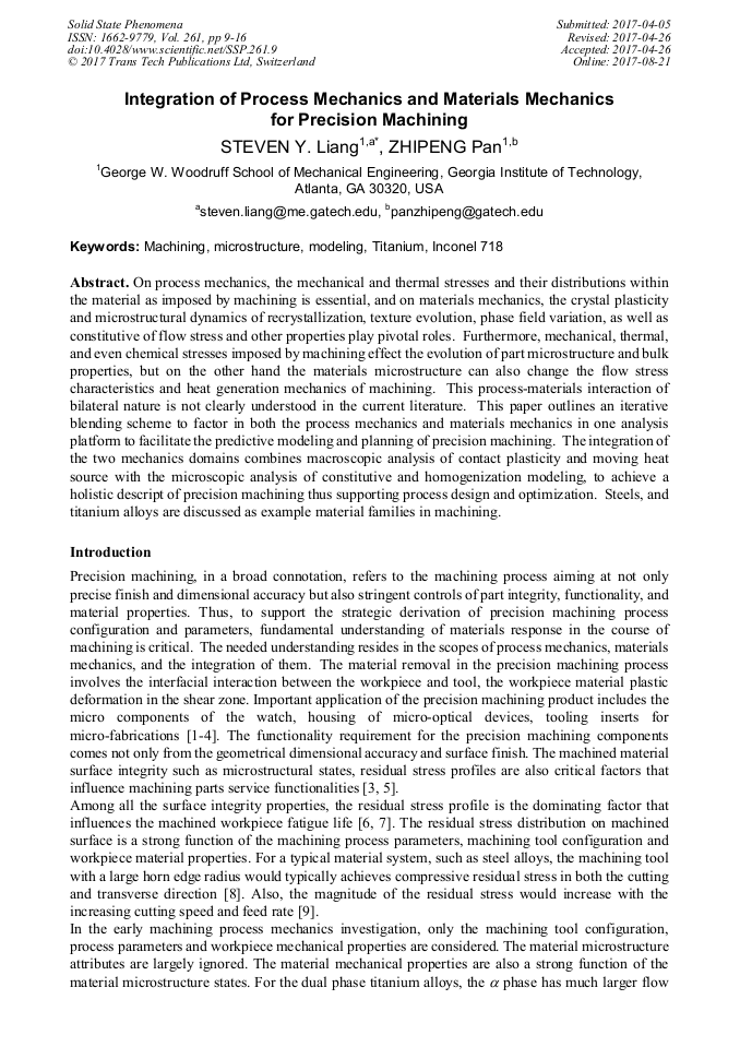 Integration of Process Mechanics and Materials Mechanics for Precision ...