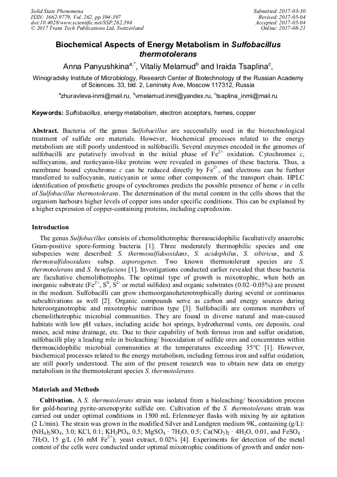 Biochemical Aspects of Energy Metabolism in Sulfobacillus ...
