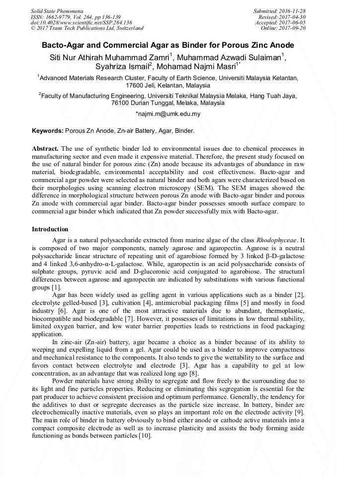 Bacto-Agar and Commercial Agar as Binder for Porous Zinc Anode ...