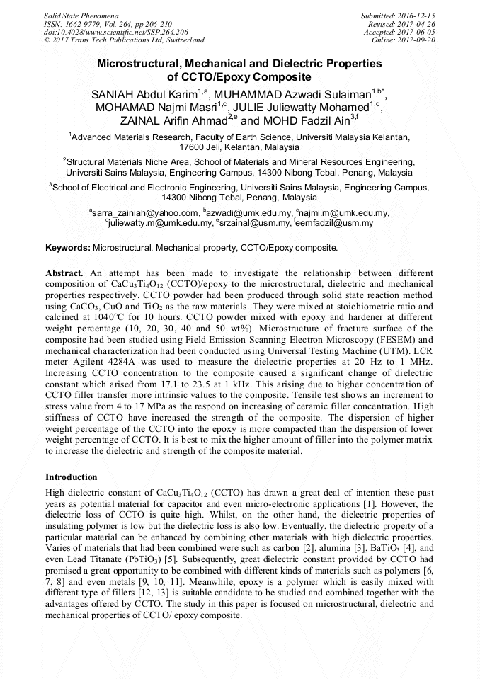 Microstructural, Mechanical and Dielectric Properties of CCTO/Epoxy ...