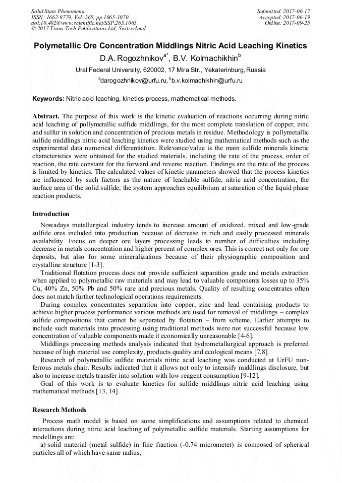 Polymetallic Ore Concentration Middlings Nitric Acid Leaching Kinetics ...