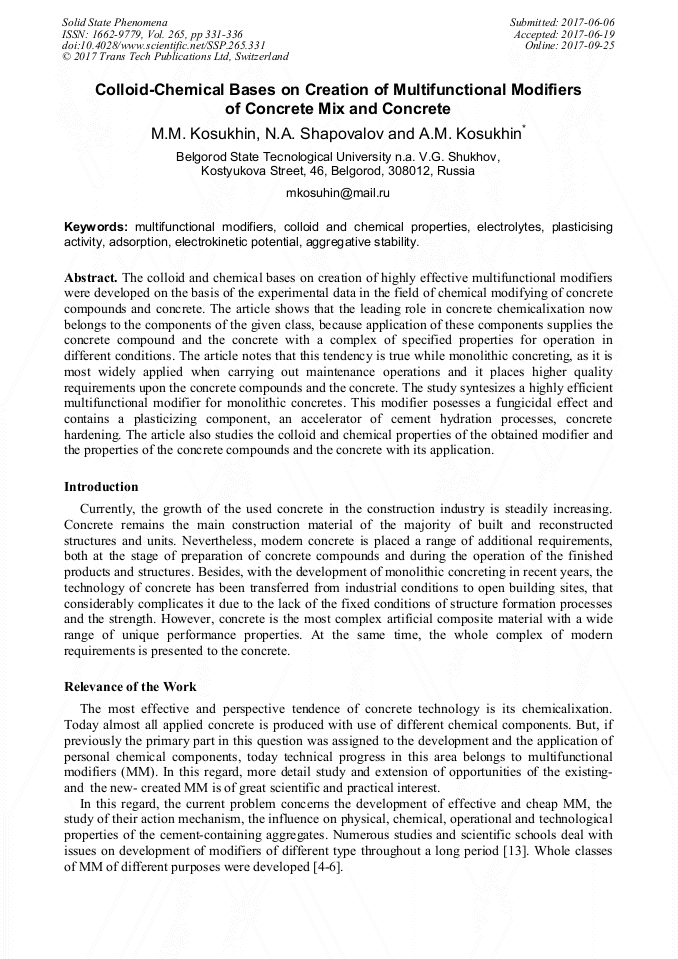 Colloid-Chemical Bases on Creation of Multifunctional Modifiers of Concrete Mix and Concrete ...
