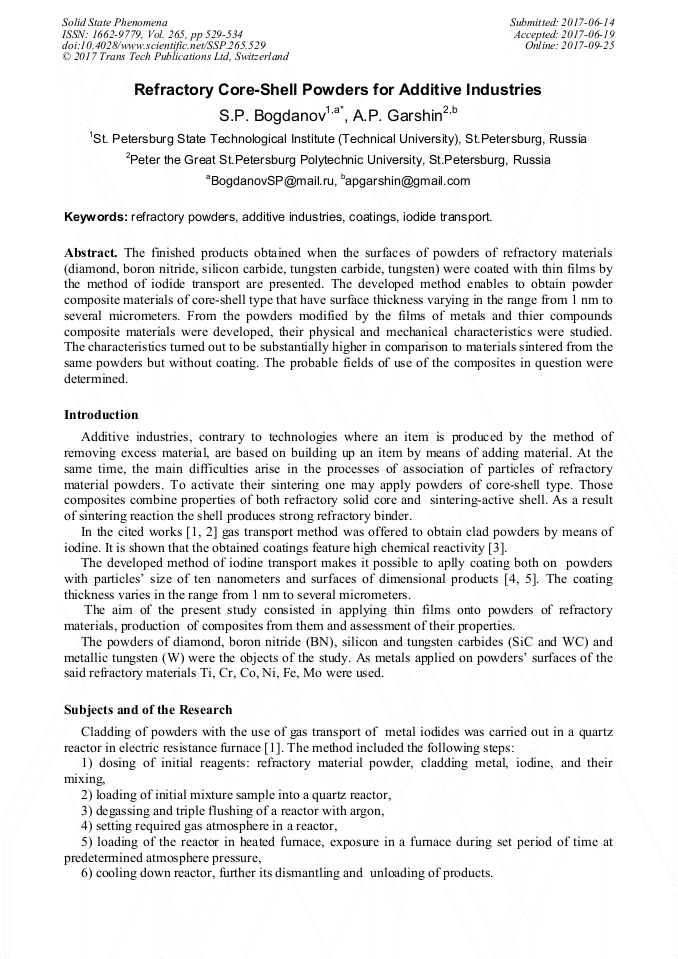 Refractory Core-Shell Powders for Additive Industries | Scientific.Net