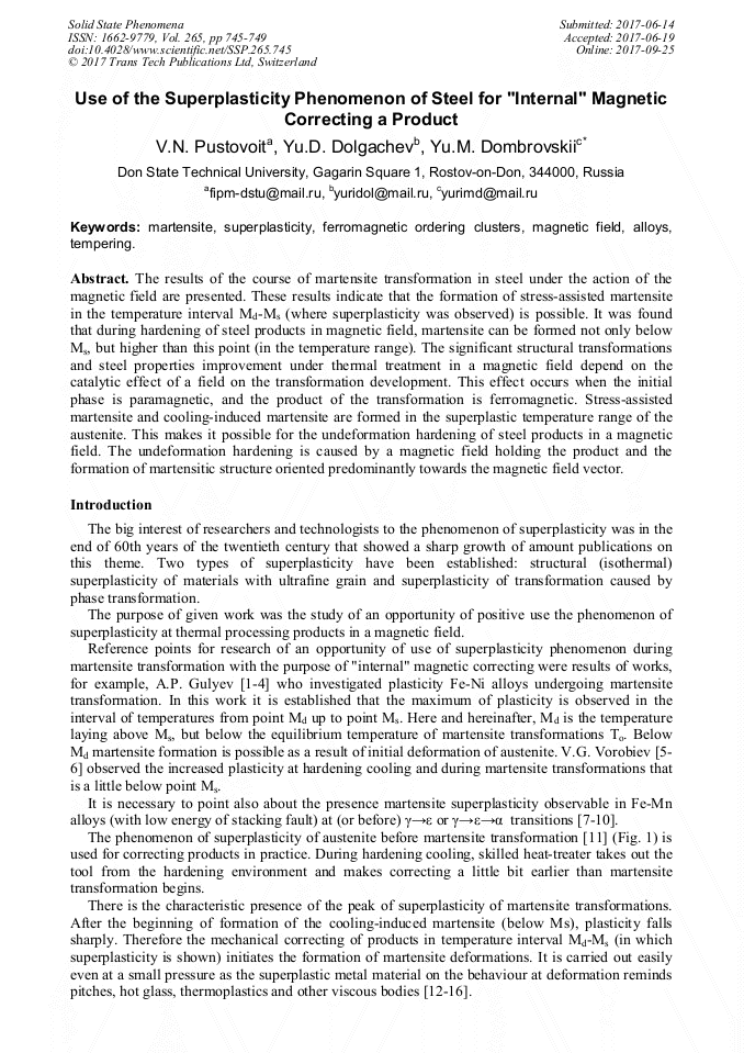 Use of the Superplasticity Phenomenon of Steel for "Internal" Magnetic ...