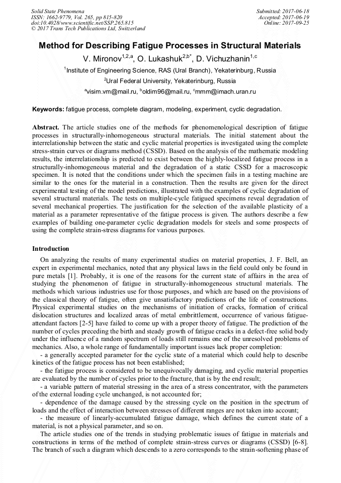 Method for Describing Fatigue Processes in Structural Materials ...