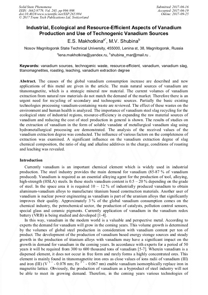Industrial, Ecological and Resource-Efficient Aspects of Vanadium ...