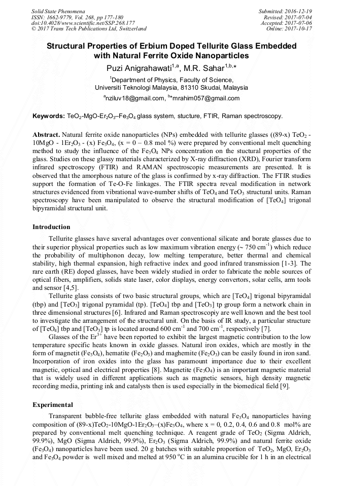 Structural Properties of Erbium Doped Tellurite Glass Embedded with ...