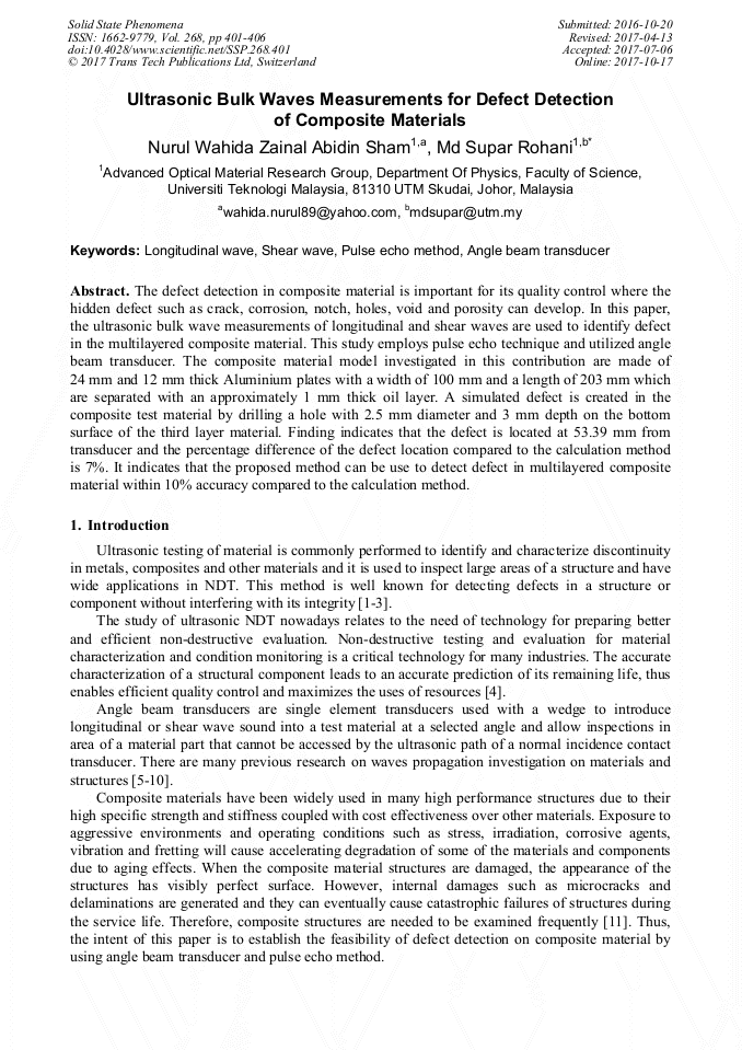 Ultrasonic Bulk Waves Measurements for Defect Detection of Composite ...