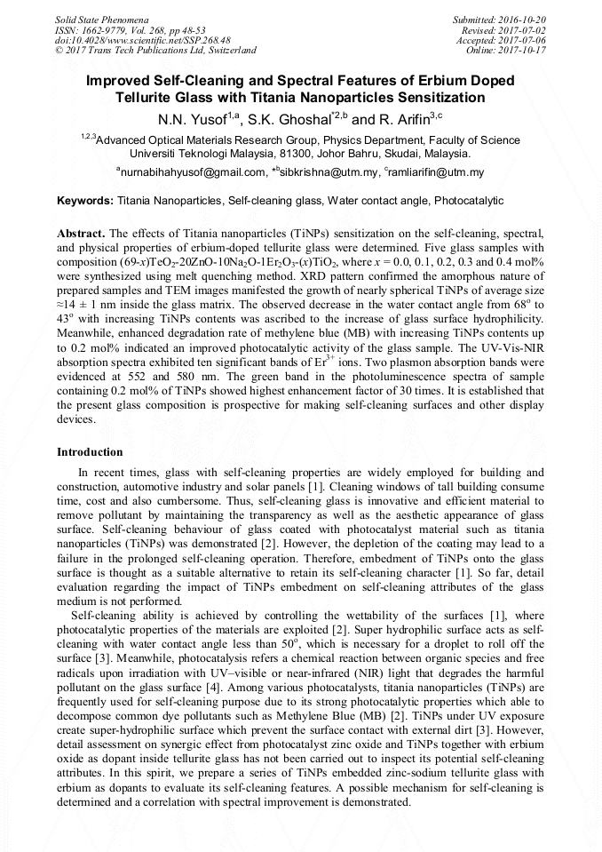 Improved Self-Cleaning and Spectral Features of Erbium Doped Tellurite ...