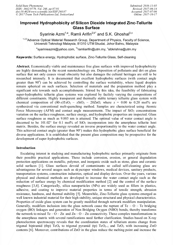Improved Hydrophobicity of Silicon Dioxide Integrated Zinc-Tellurite ...