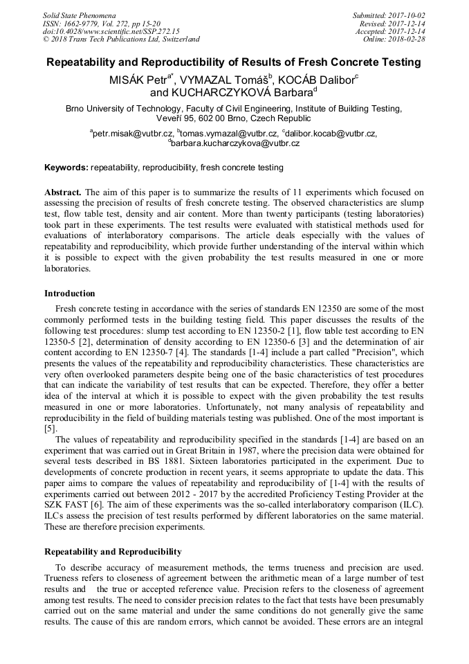 Repeatability and Reproductibility of Results of Fresh Concrete Testing ...