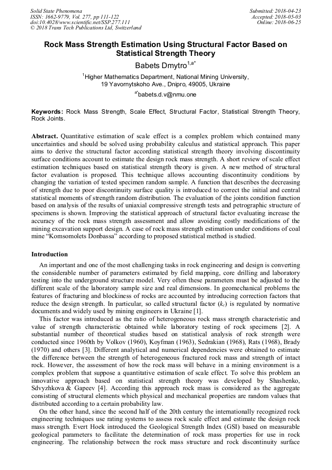 Rock Mass Strength Estimation Using Structural Factor Based on ...