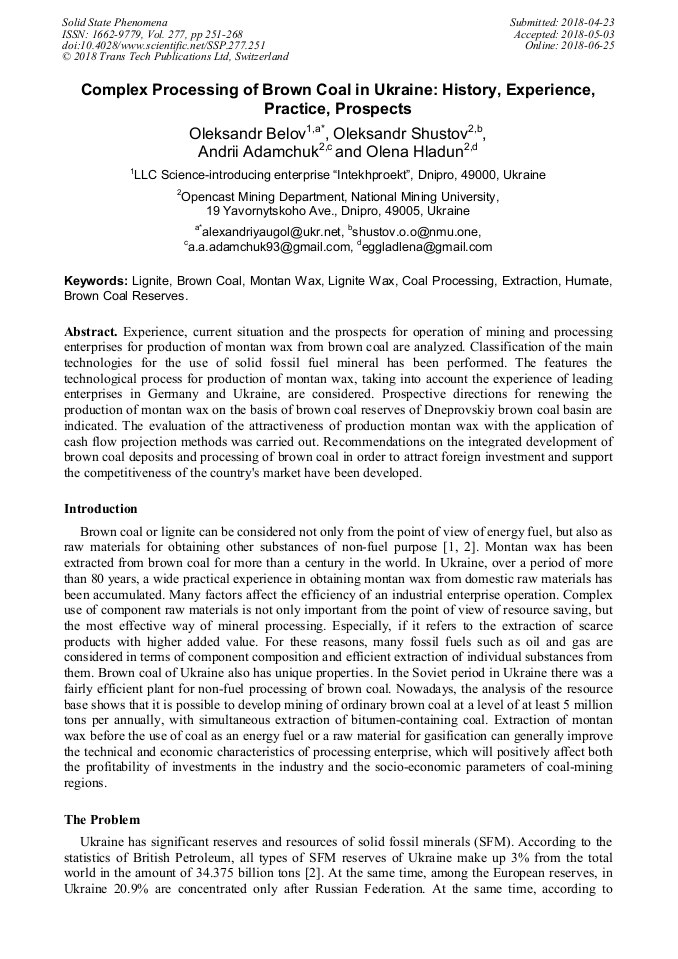 Complex Processing of Brown Coal in Ukraine: History, Experience ...