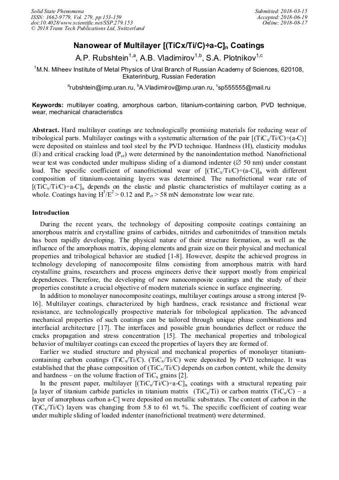 Nanowear of Multilayer [(TiCx/Ti/C)÷a-C]n Coatings | Scientific.Net