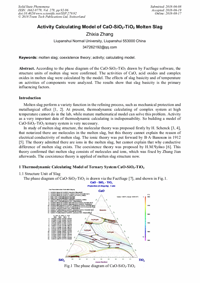Activity Calculating Model Of Cao Sio2 Tio2 Molten Slag Scientificnet