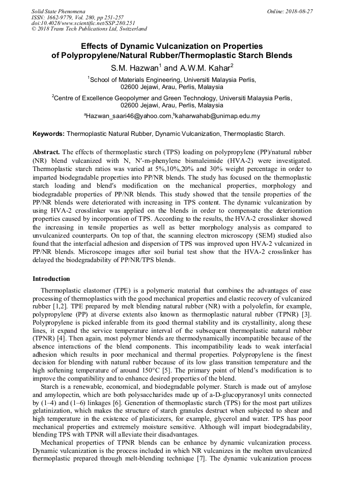 Effects of Dynamic Vulcanization on Properties of Polypropylene/Natural ...