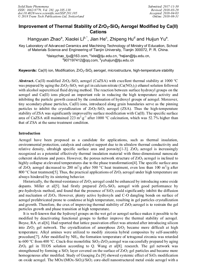 Improvement of Thermal Stability of ZrO2-SiO2 Aerogel Modified by Ca(II ...