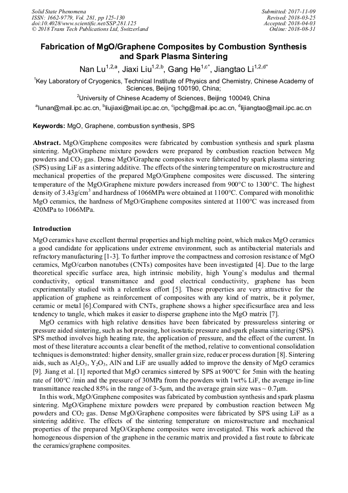 Fabrication of MgO/Graphene Composites by Combustion Synthesis and ...