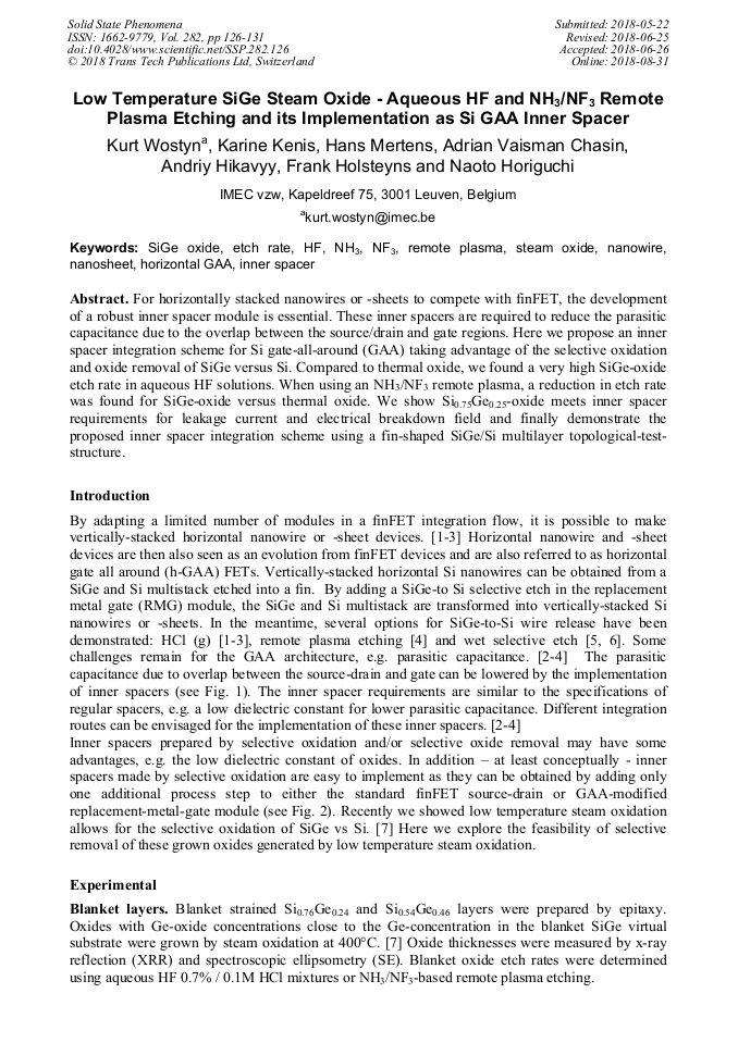 Low Temperature SiGe Steam Oxide - Aqueous Hf and NH3/NF3 Remote Plasma ...