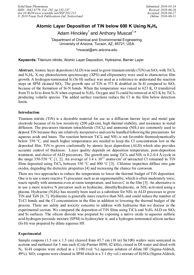 Atomic Layer Deposition of TiN below 600 K Using N2H4 | Scientific.Net