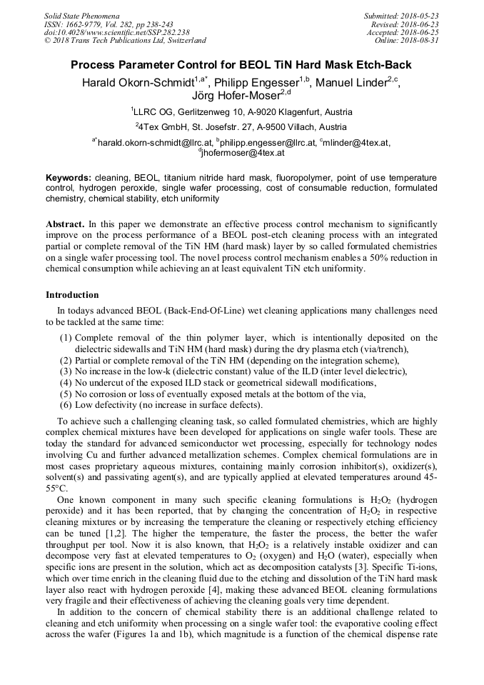 Process Parameter Control for BEOL TiN Hard Mask Etch-Back | Scientific.Net