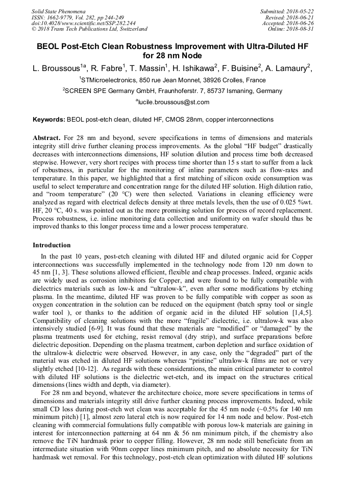 BEOL Post-Etch Clean Robustness Improvement with Ultra-Diluted Hf for ...
