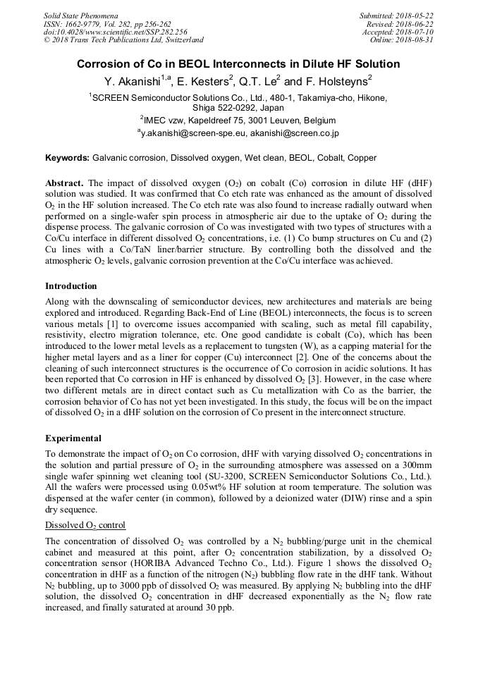 Corrosion of Co in BEOL interconnects in dilute HF solution ...