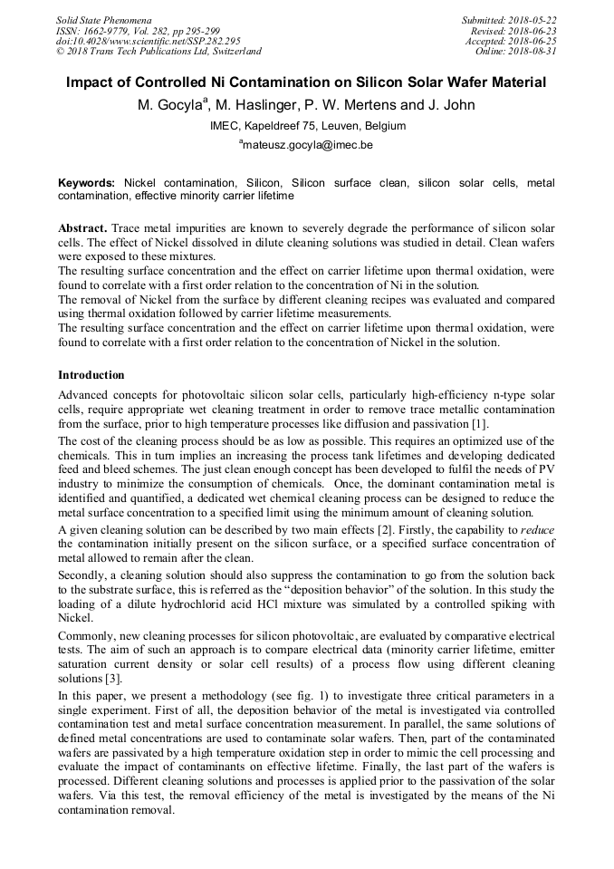 Impact of Controlled Ni Contamination on Silicon Solar Wafer Material ...