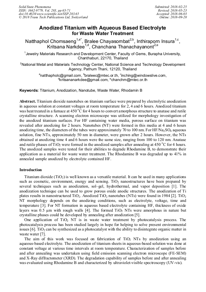 Anodized Titanium with Aqueous Based Electrolyte for Waste Water ...