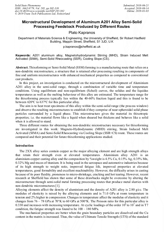 Microstructural Development of Aluminum A201 Alloy Semi-Solid ...