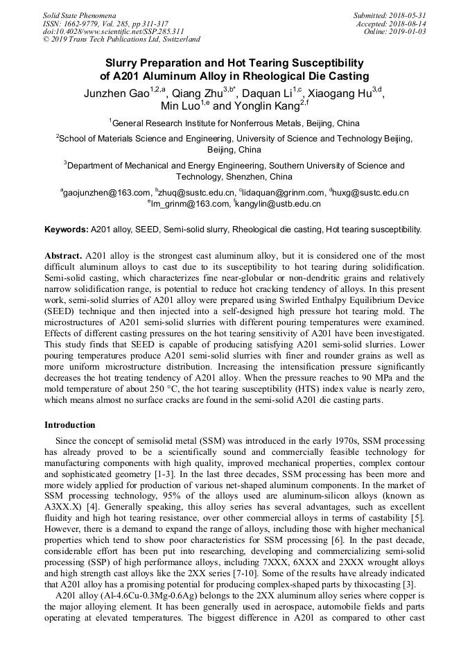 Slurry Preparation and Hot Tearing Susceptibility of A201 Aluminum ...