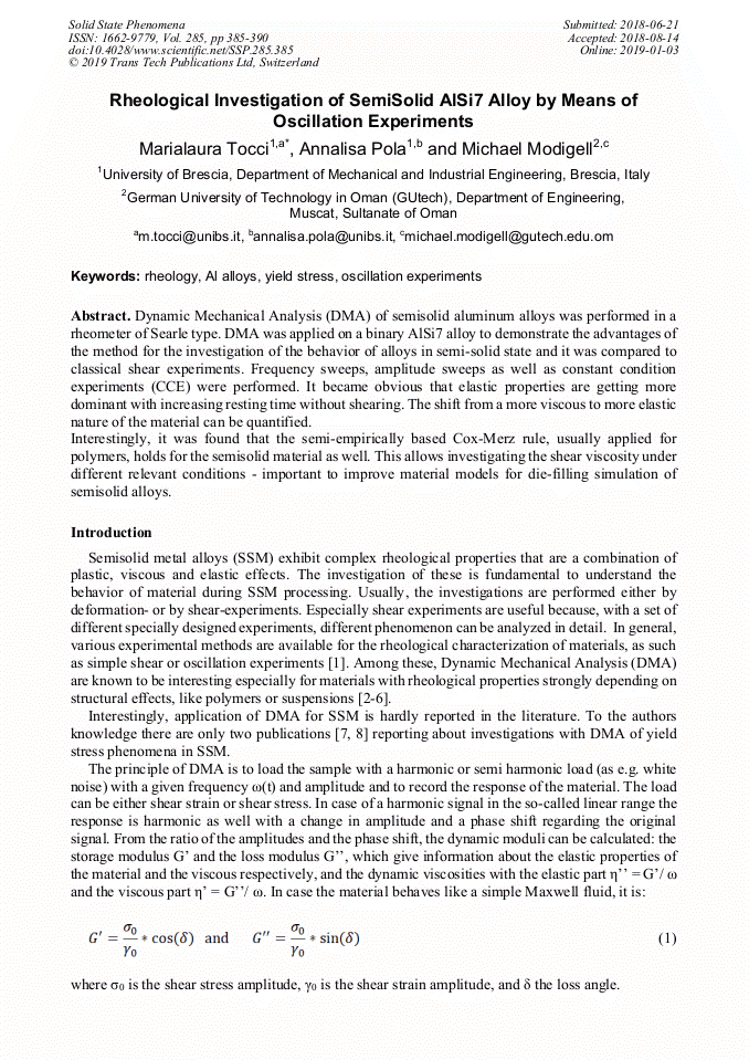 Rheological Investigation of Semisolid AlSi7 Alloy by Means of ...