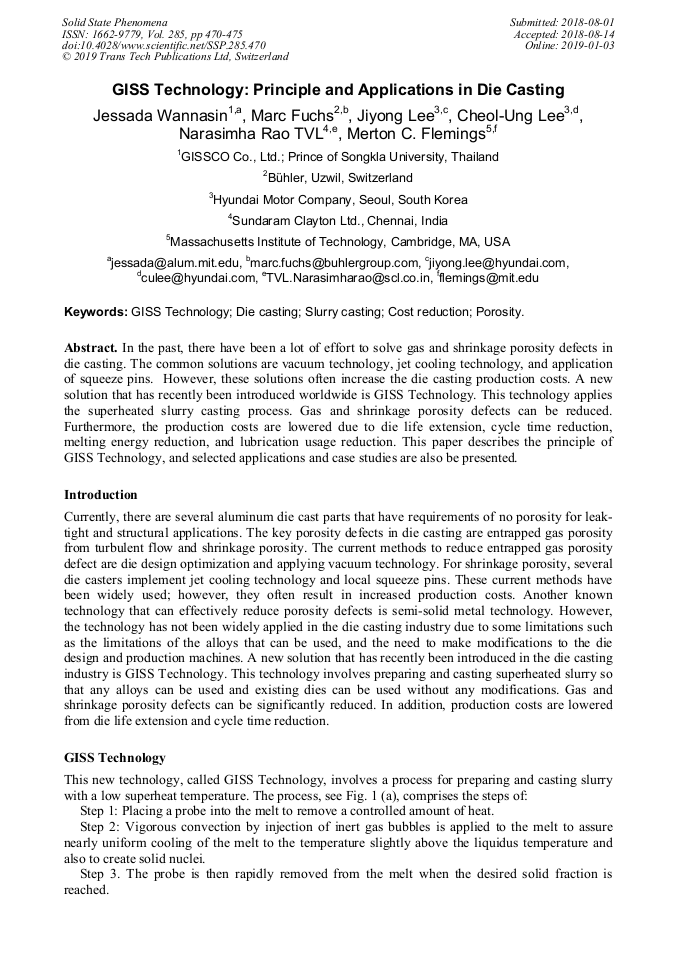 GISS Technology: Principle and Applications in Die Casting | Scientific.Net