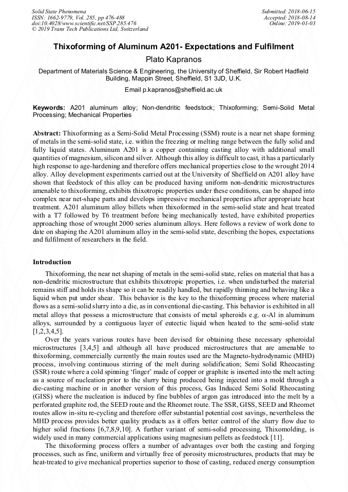 Thixoforming of Aluminum A201- Expectations and Fulfilment | Scientific.Net