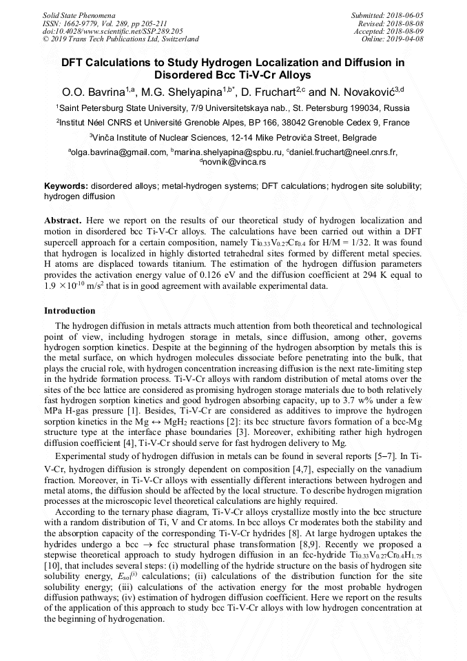 DFT Calculations to Study Hydrogen Localization and Diffusion in ...